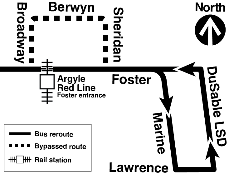 Map showing route 92 buses rerouted off Berwyn Avenue, and operating ...